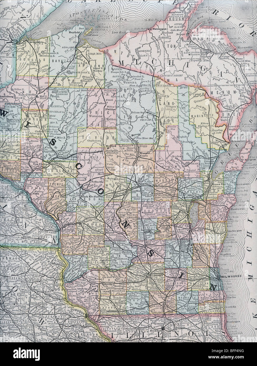 Original old map of Wisconsin from 1884 geography textbook Stock Photo ...