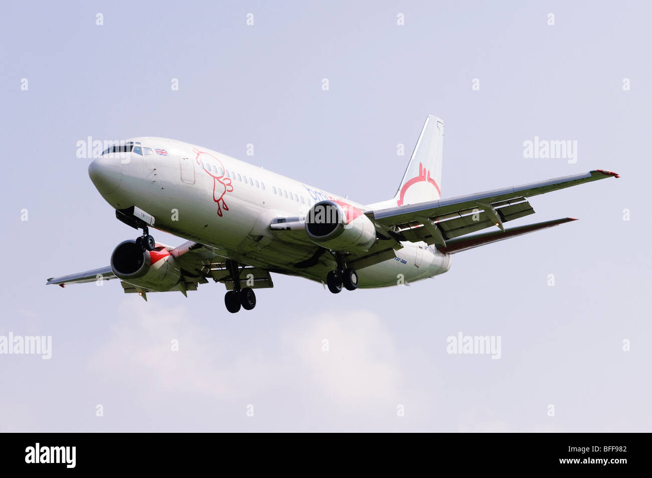 Boeing 737 operated by BMI Baby on approach for landing at Birmingham ...