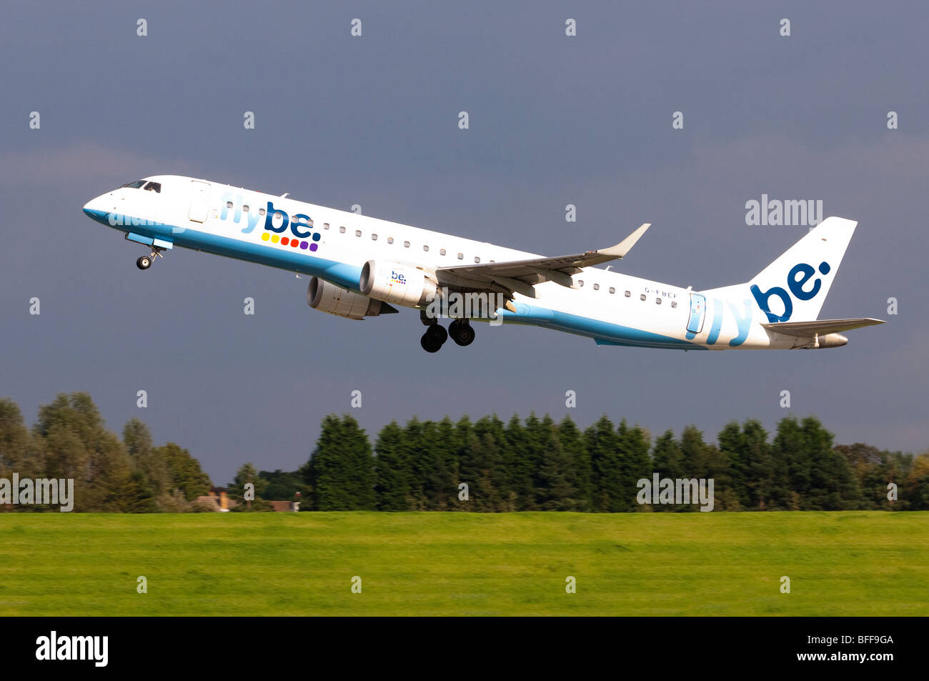 Embraer ERJ-190 operated by Flybe taking off at Birmingham Airport ...