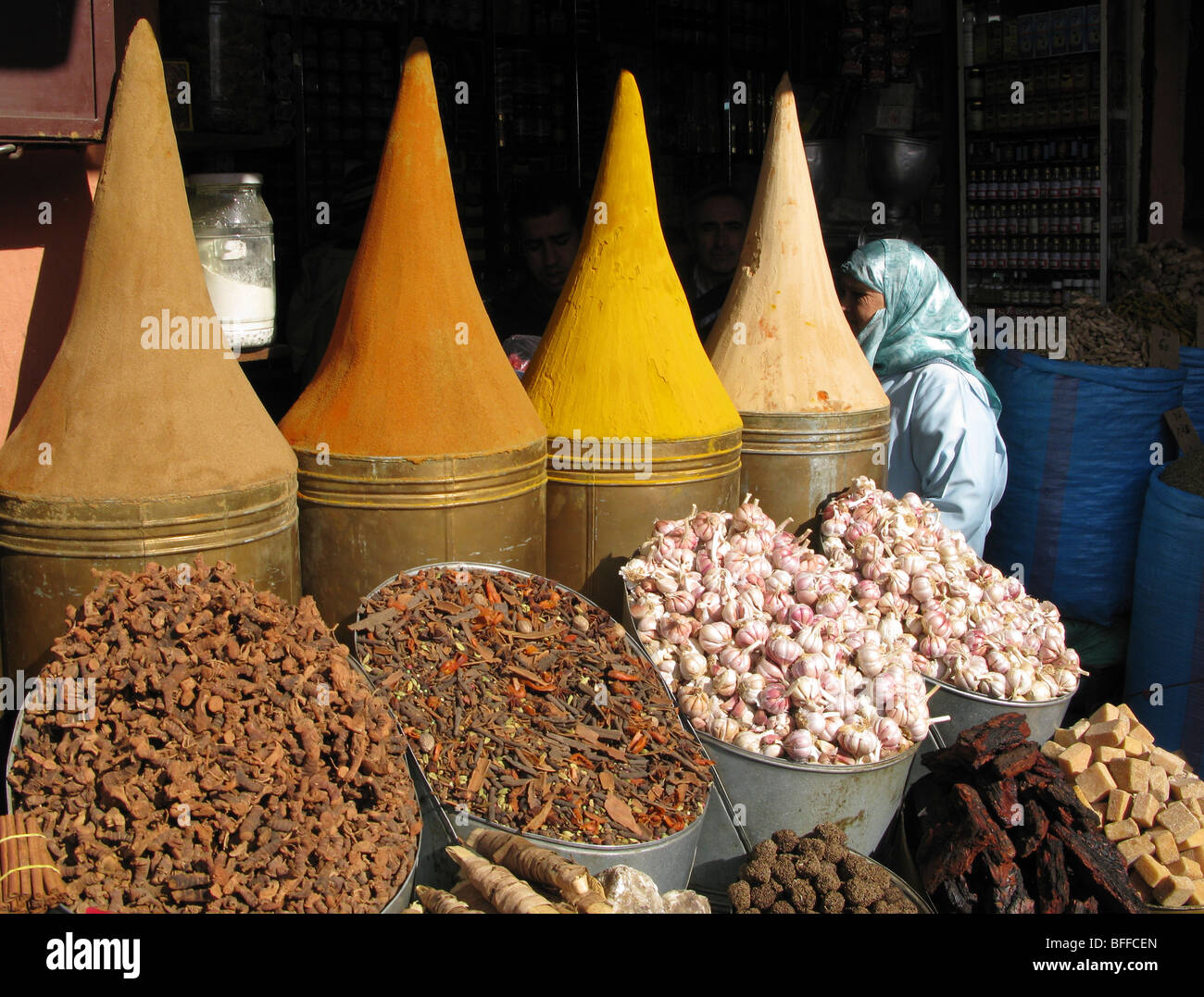 Spices display at the local market. Marrakech is one of the prime ...
