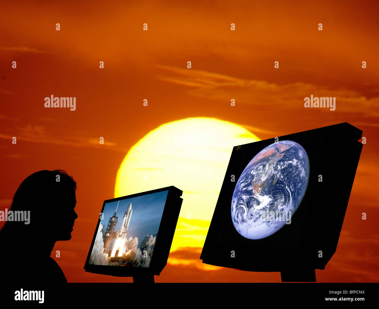 woman space engineer studying twin computer screens showing NASA ...