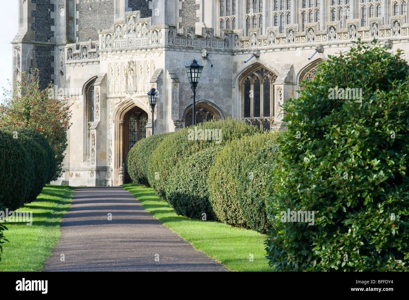 The path, lined with evergreen bushes, leading up to a church Stock ...