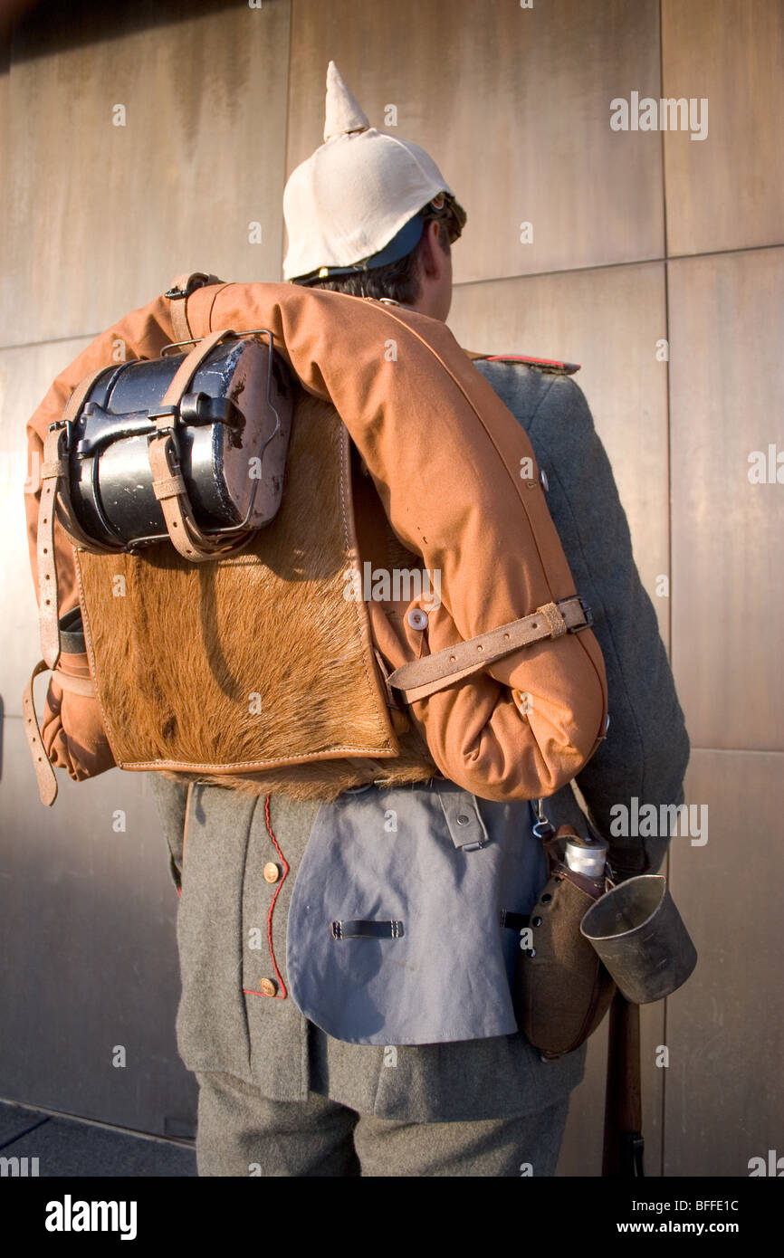 Rear view of soldier wearing WW I German military uniform, with mess ...