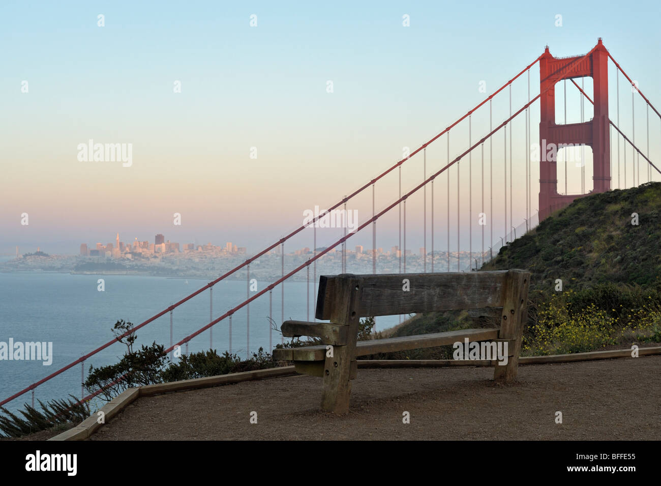 Bench for viewing the Golden gate bridge on the Marin headlands in San ...