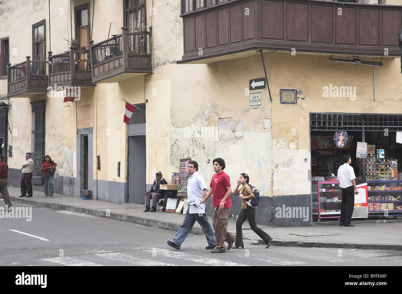 Lima, Peru, street nearby Plaza de Armas or Plaza Mayor:people in a ...