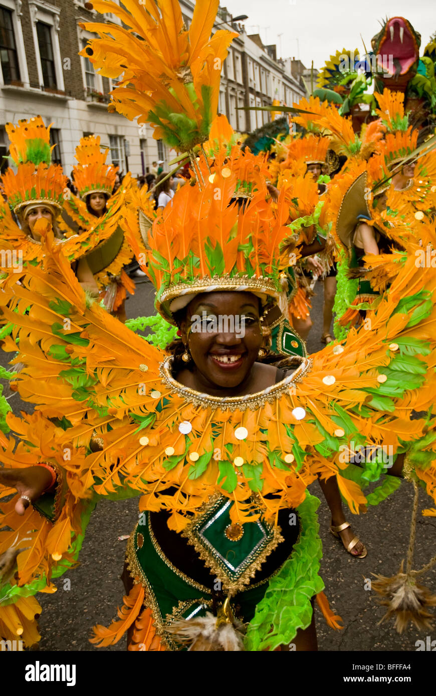 Colourful dancer from the Paraiso School of Samba float at the Notting ...