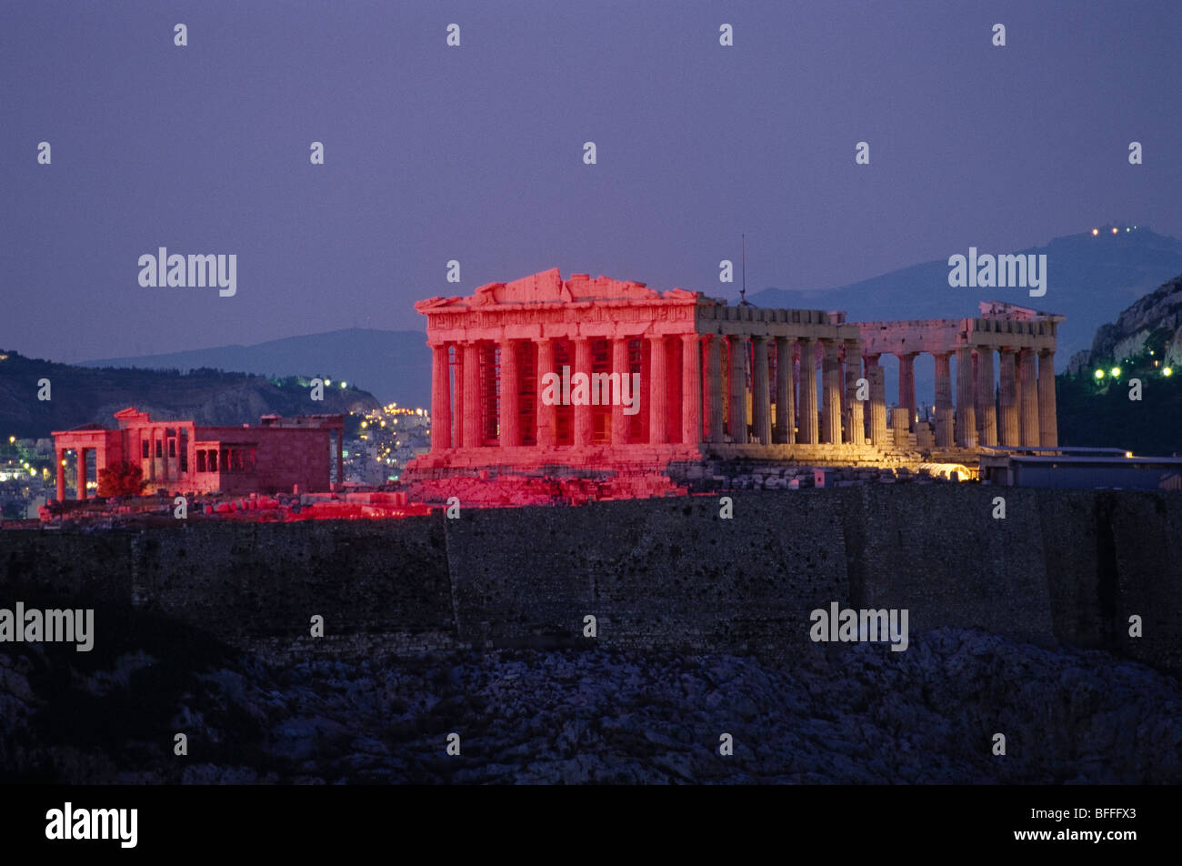 An image of the Parthenon, on the Acropolis in Athens, illuminated by a ...