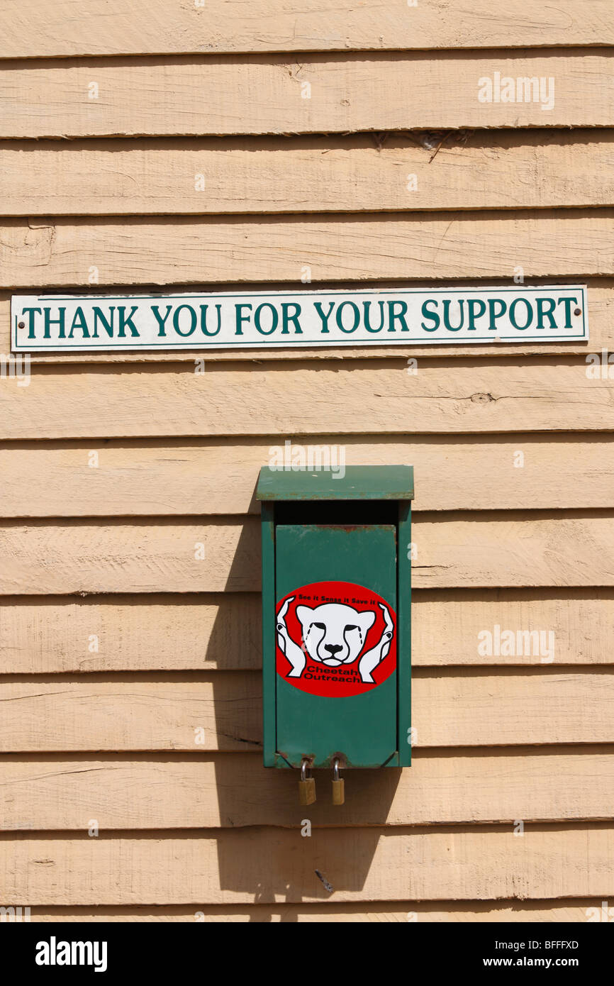 "Thank you for your support" written tip box at Cheetah Outreach ...