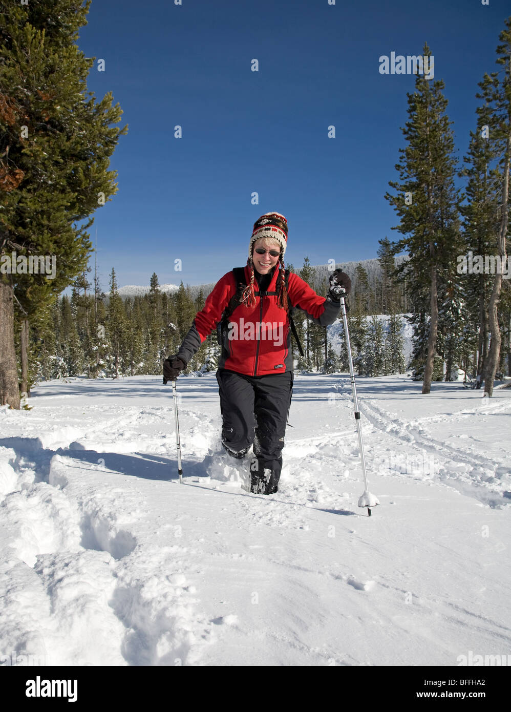 A snow shoer in deep snow near Mount Bachelor in the Oregon Cascade ...