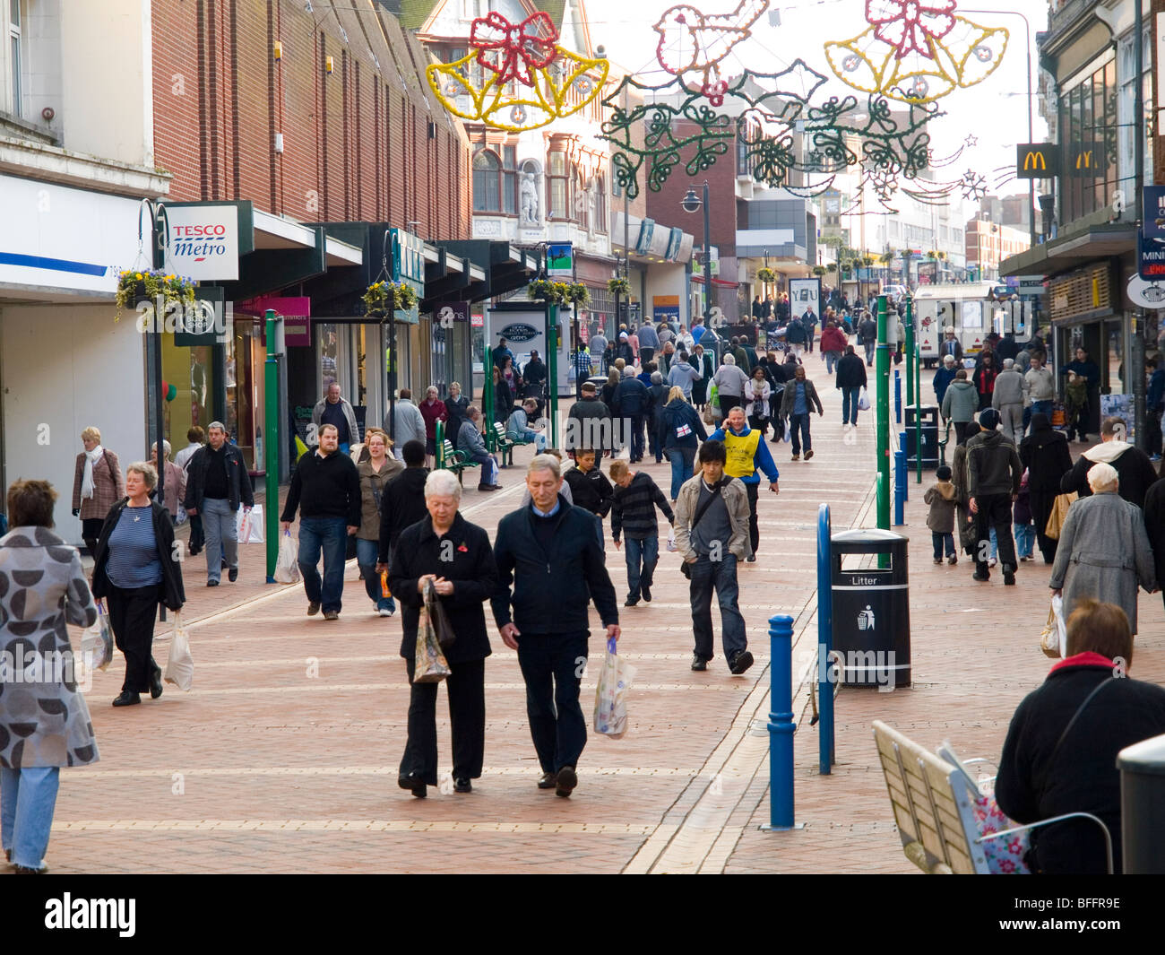A busy shopping street in Derby City Centre, Derbyshire England UK ...
