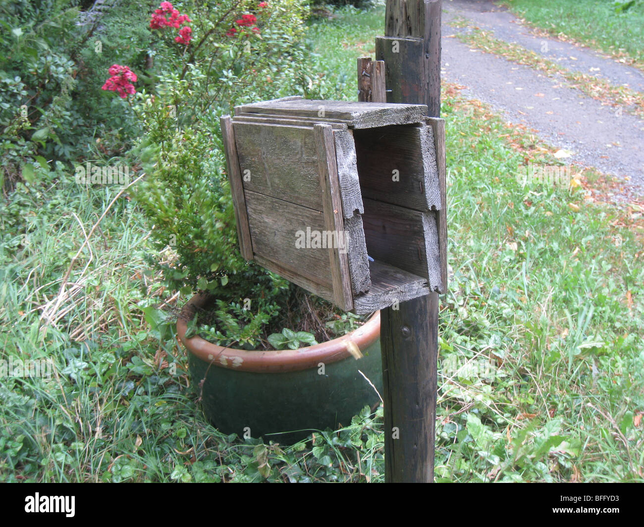 Homemade box for delivery of newspapers at house boundary in Germany ...