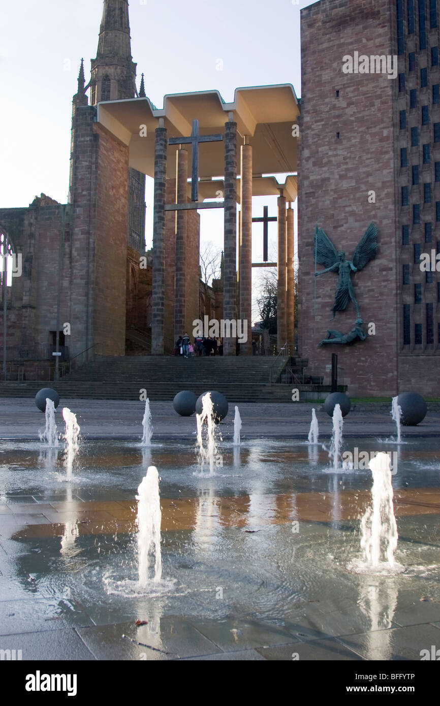 View of fountain in front of Coventry Cathedral Stock Photo - Alamy
