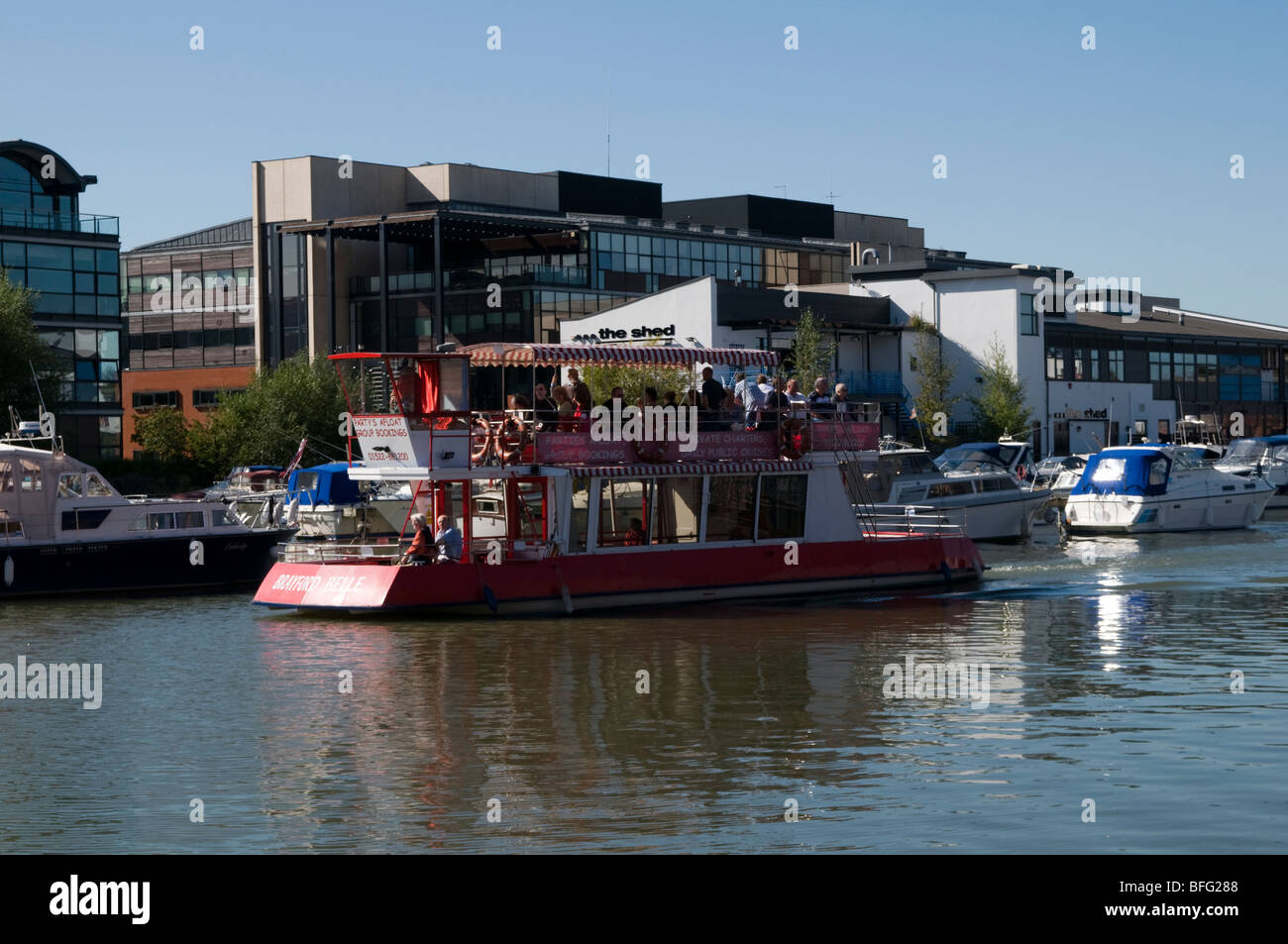 Crowds of people on board a riverboat cruiser Brayford Waterfront in ...