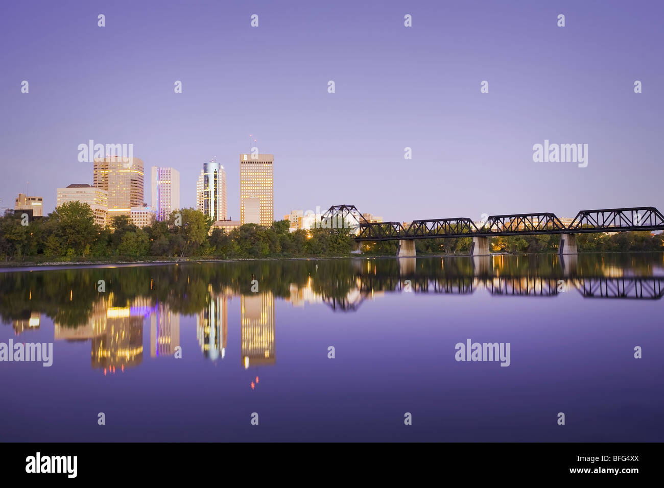 Red River and Winnipeg skyline viewed from St. Boniface. CN mainline ...