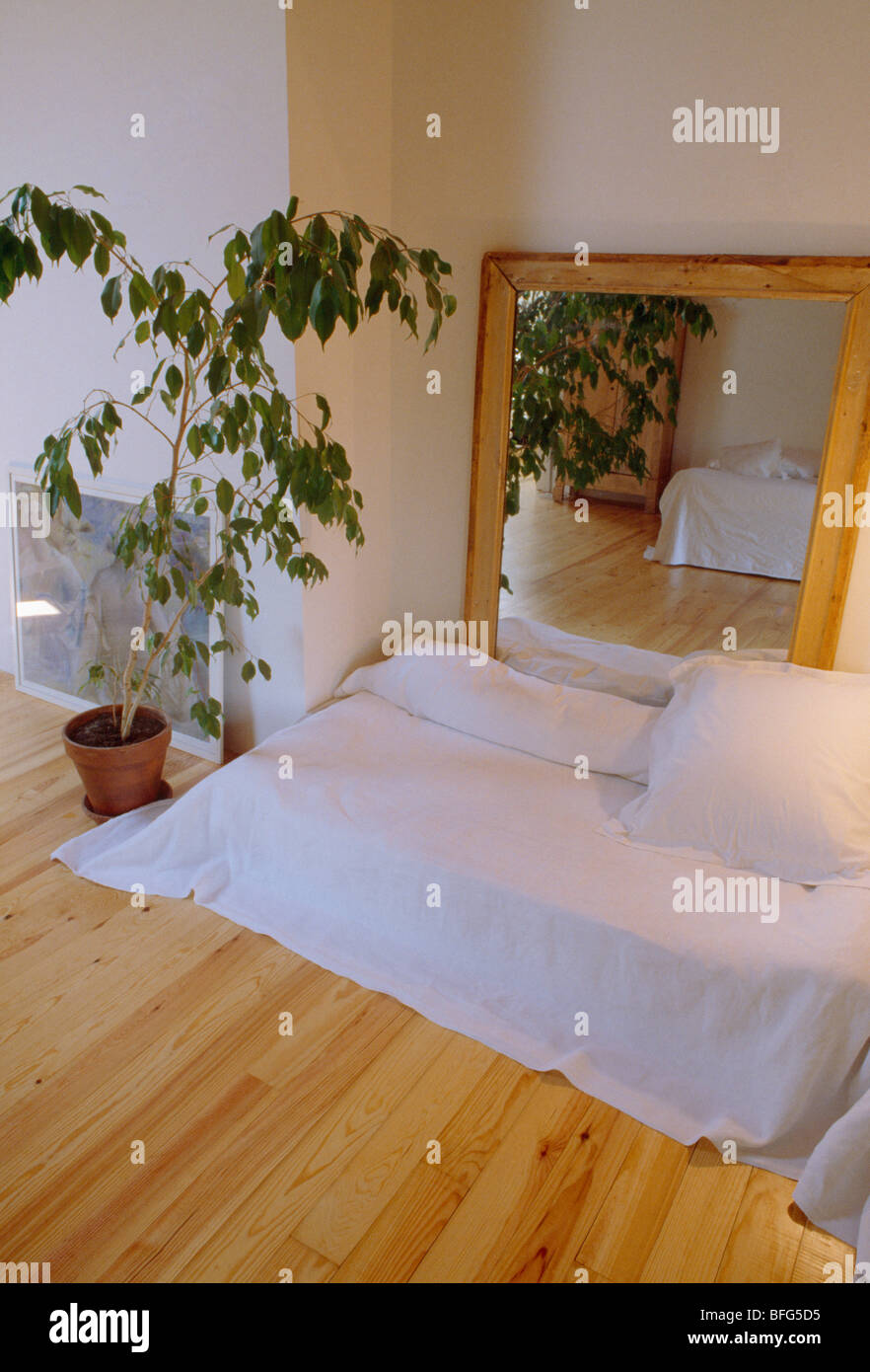 Large mirror and houseplant beside bed with white bedlinen on wooden ...
