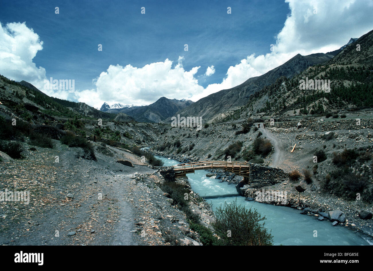 Bridge over river in Nepal Stock Photo - Alamy