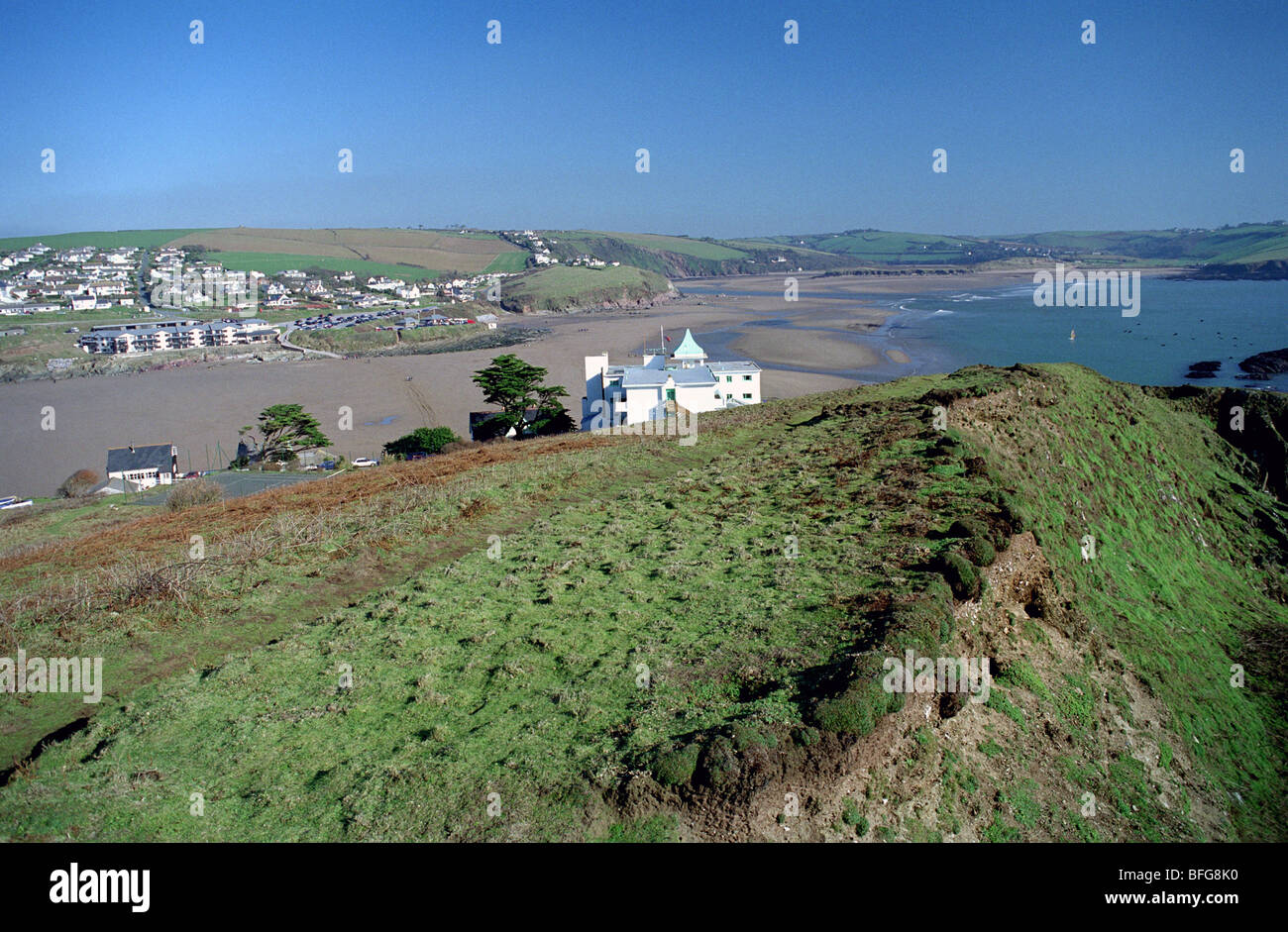 Art Deco Burgh Island Hotel view towards mainland south devon england ...