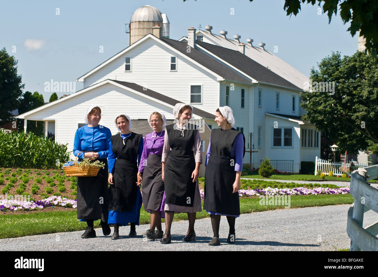 Young amish women friends walking down country lane road in Lancaster ...