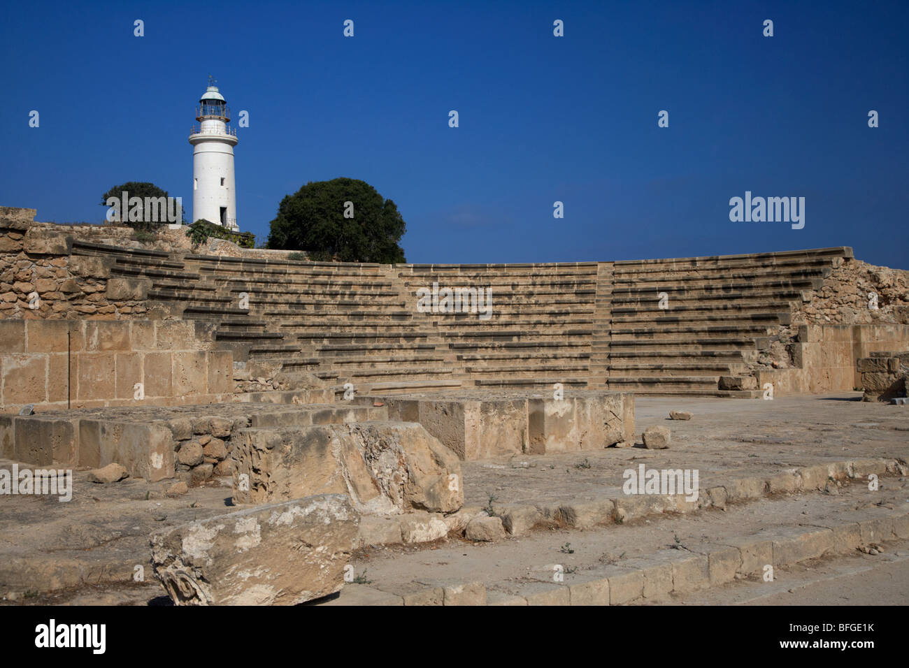 ancient roman odeon theatre with paphos lighthouse republic of cyprus ...