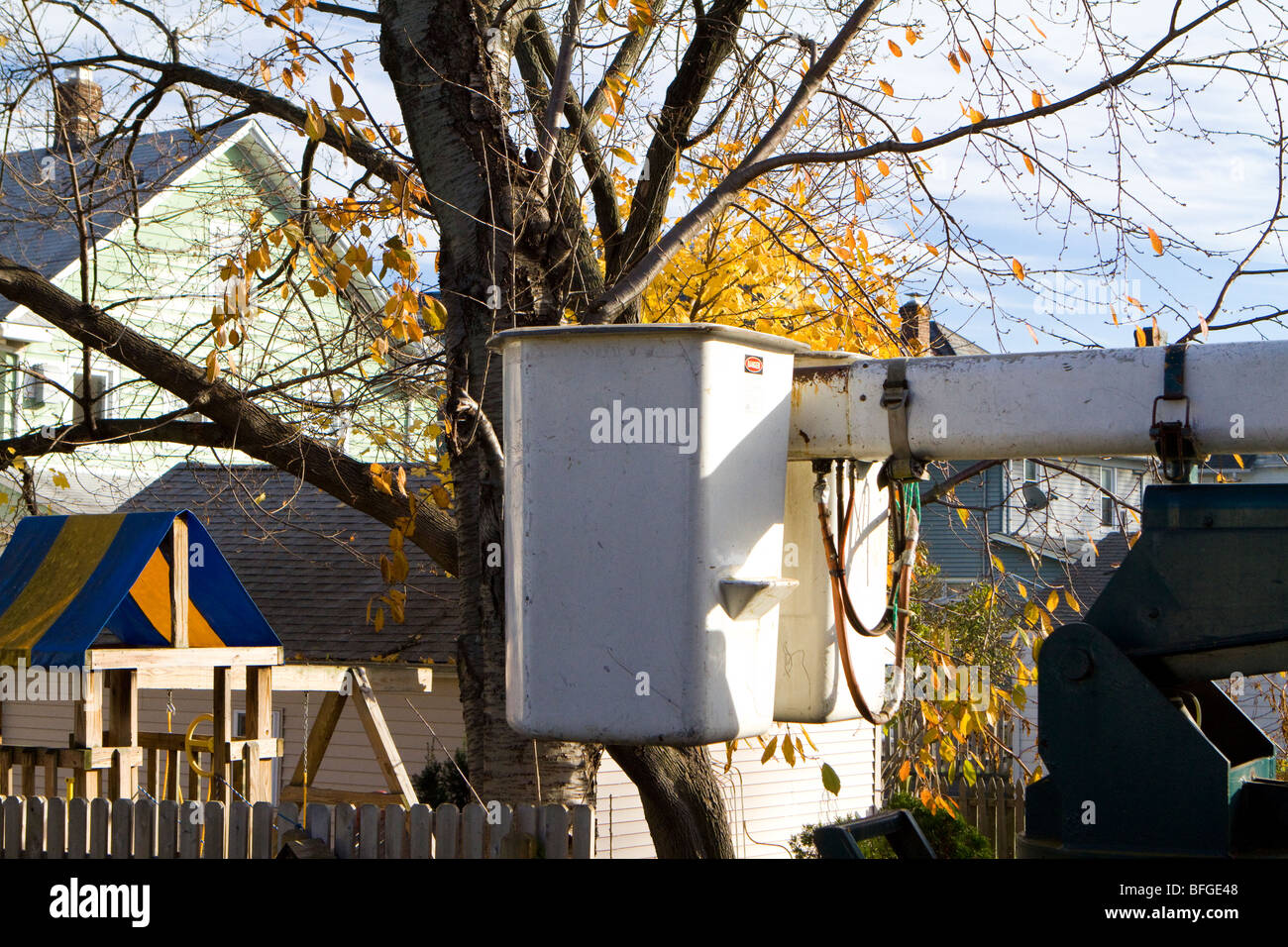 The business end of a cherry picker tree trimming bucket Stock Photo ...