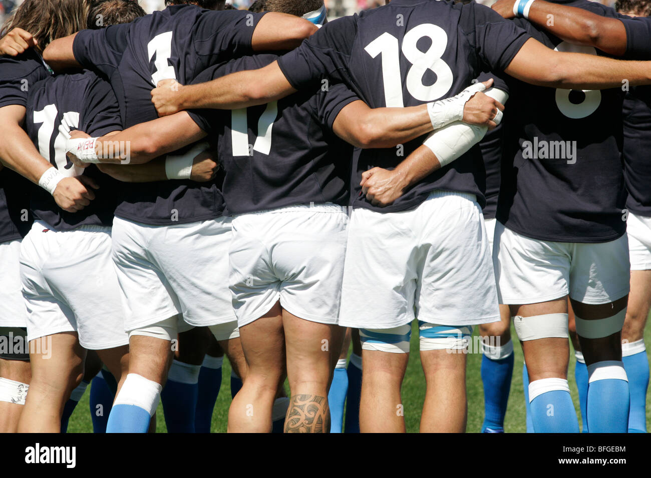 Italian Rugby Union team link arms before playing at the World Cup 2007 ...