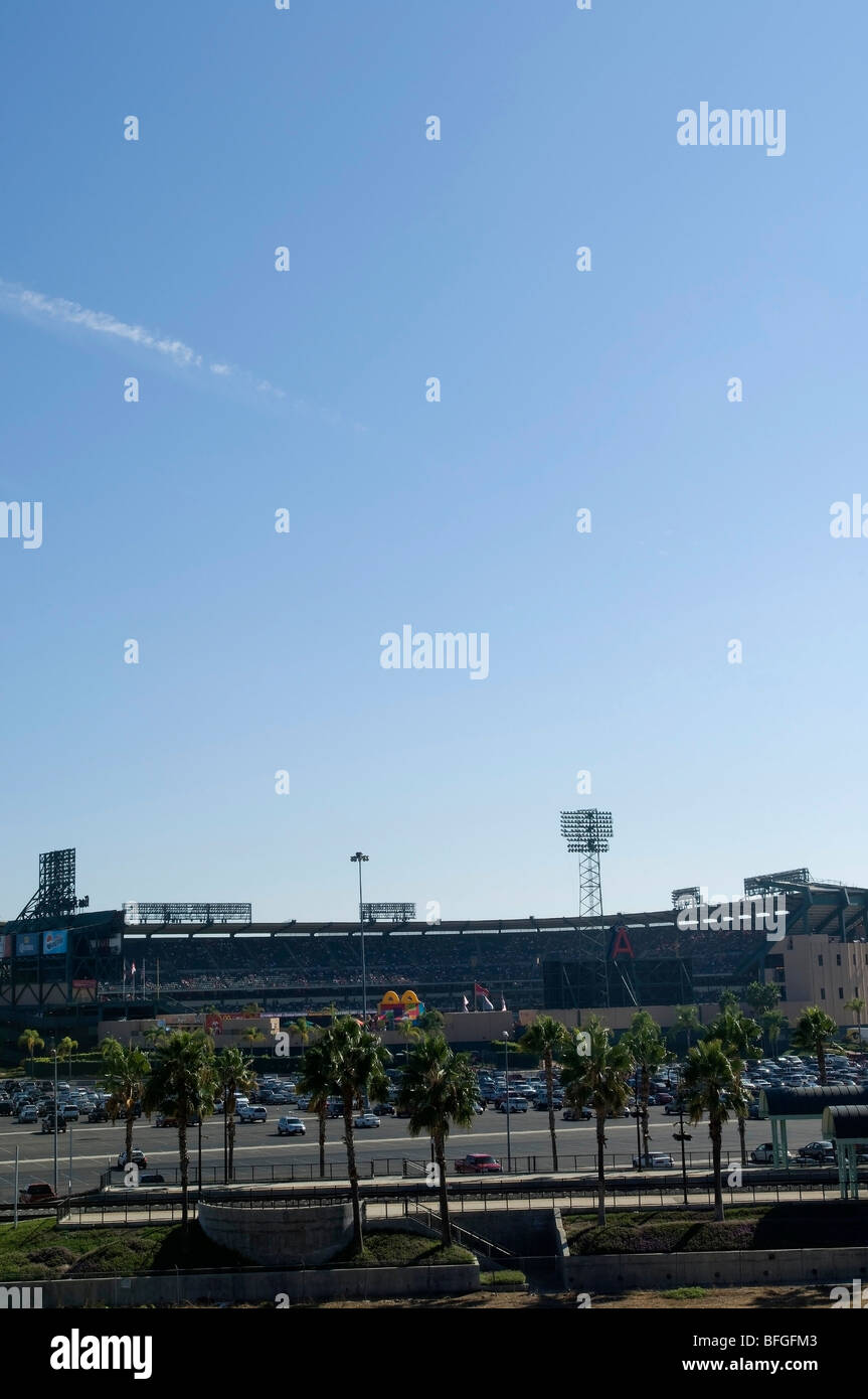 Anaheim Angel Stadium parking lot, viewed from a distance to show the ...