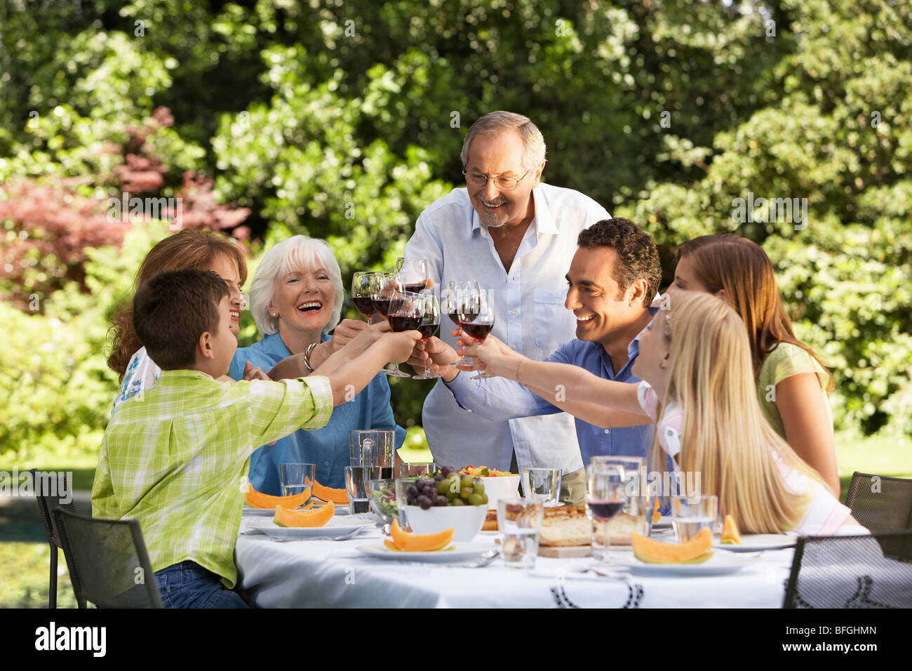 Family toasting at lunch table in back yard Stock Photo - Alamy