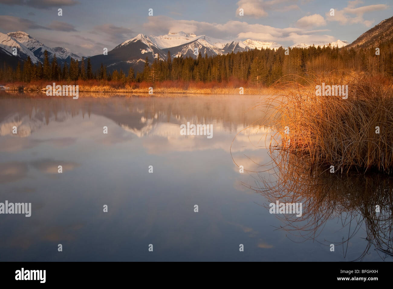 Vermillion Lake at sunrise and the Massive Range, Alberta, Canada Stock ...