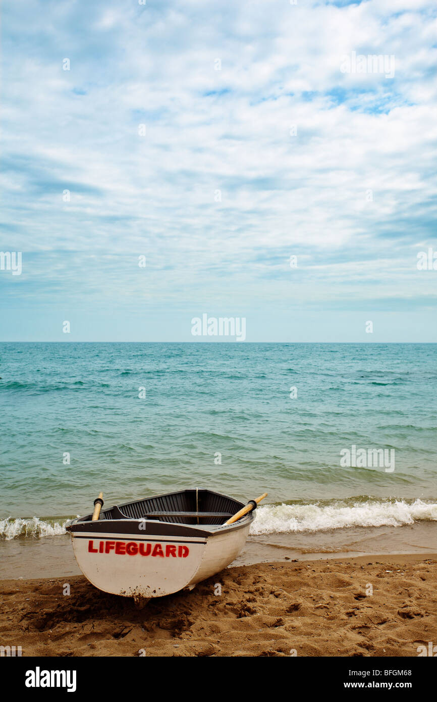 Lifeguard boat on beach, Lake Ontario, Ontario Stock Photo - Alamy