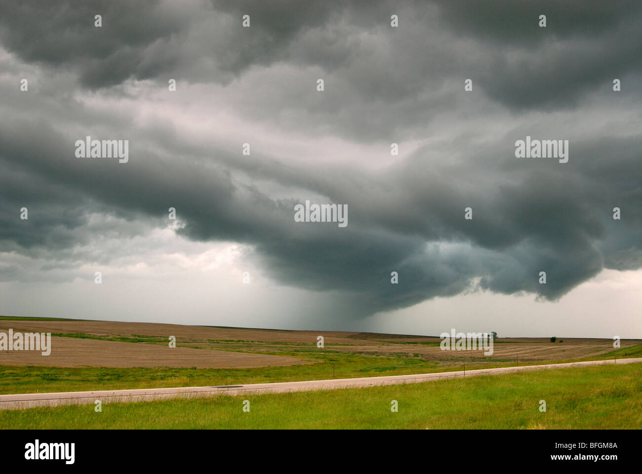 Severe thunderstorm clouds forming over farm fields in South Dakota ...