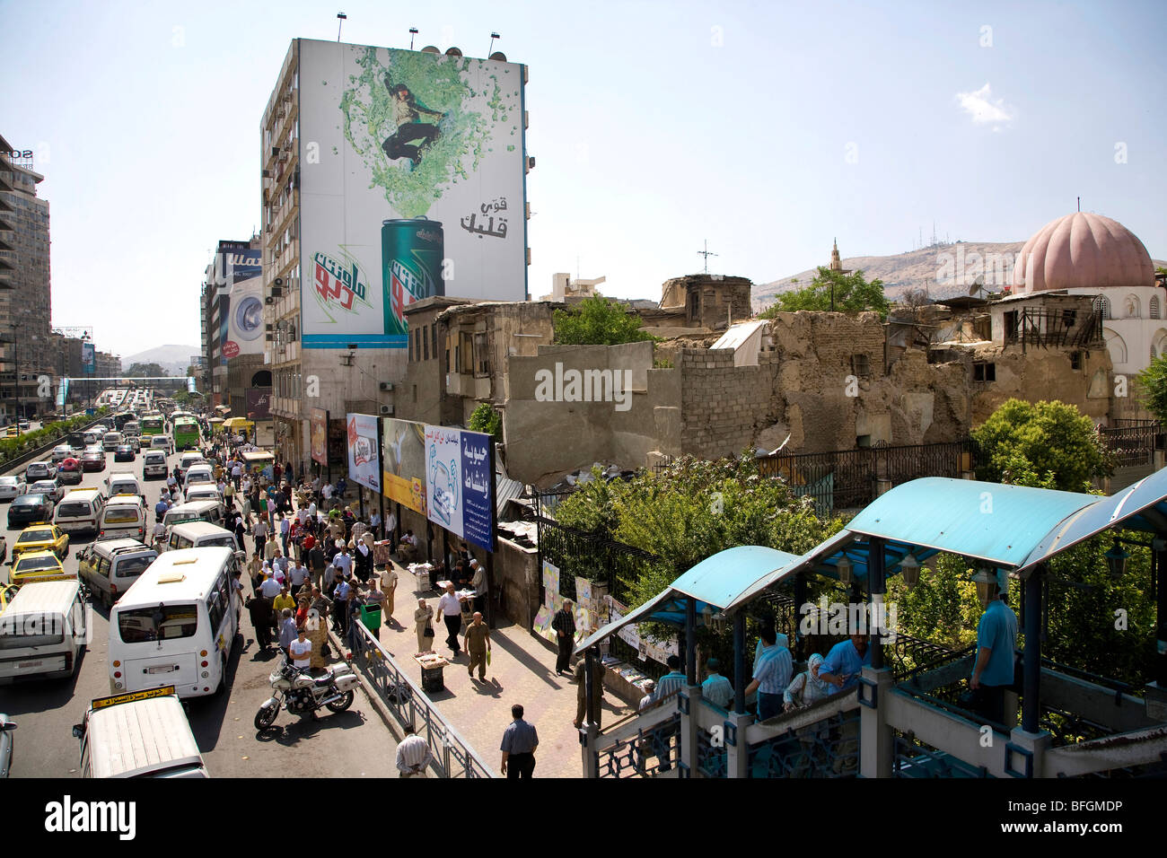 Traffic, buses and street in Damascus, Syria, Middle East, Asia Stock ...