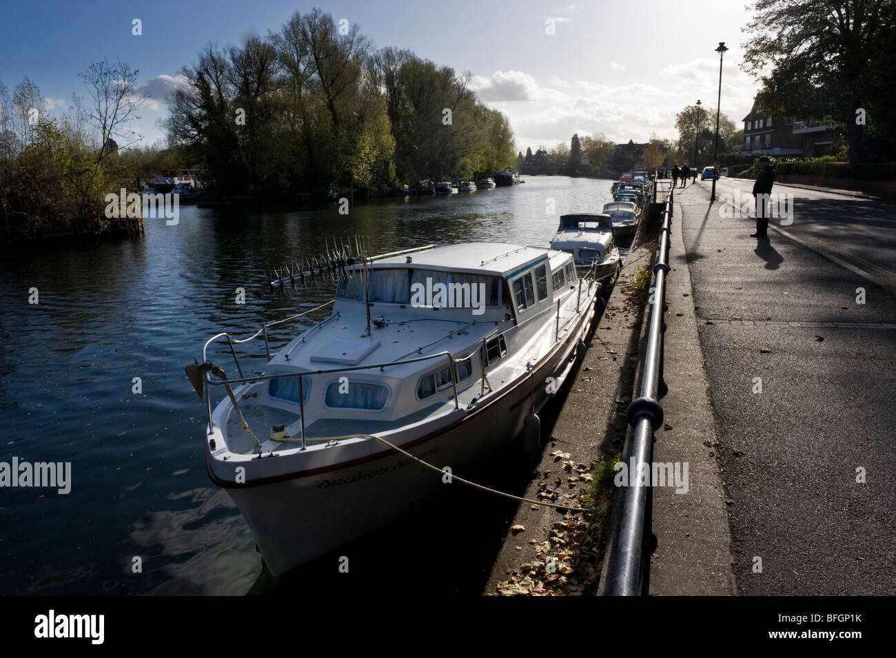 A line of boats moored on the side of the River Thames at Maidenhead ...