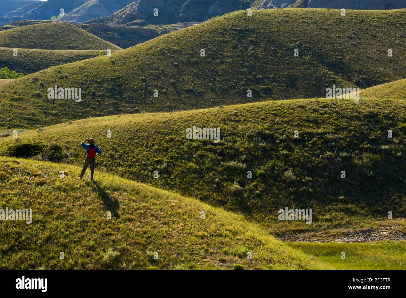 A hiker looks out over landscape, Big Muddy Badlands, Saskatchewan ...