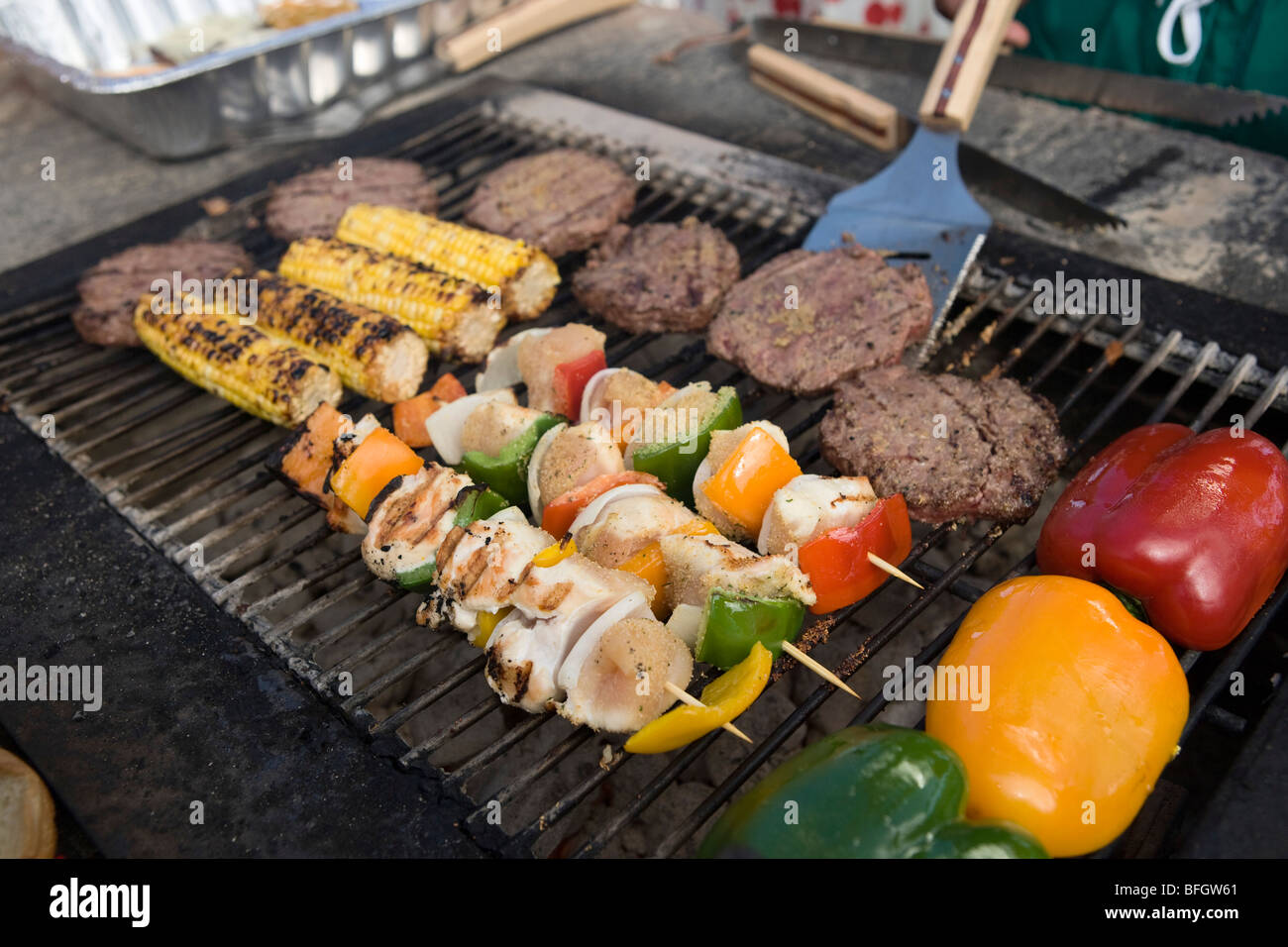 Burgers and Kebabs on Barbecue Grill Stock Photo - Alamy