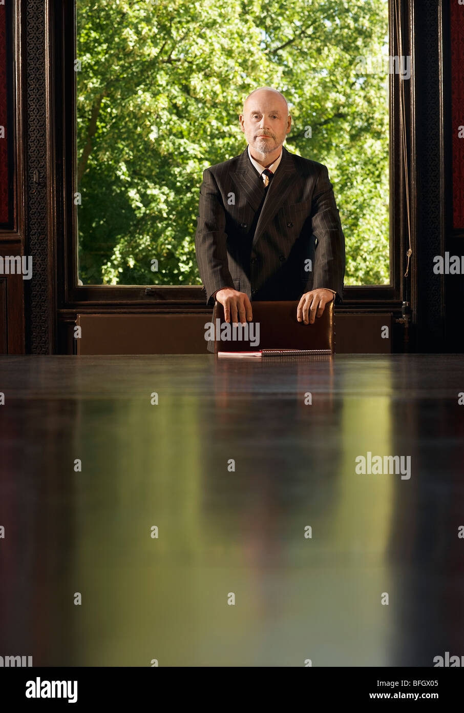 Man Standing at Head of Conference Table, greenery behind Stock Photo ...