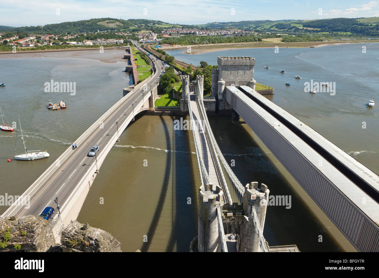 The bridges across the estuary of the River Conwy at Conwy (Conway ...