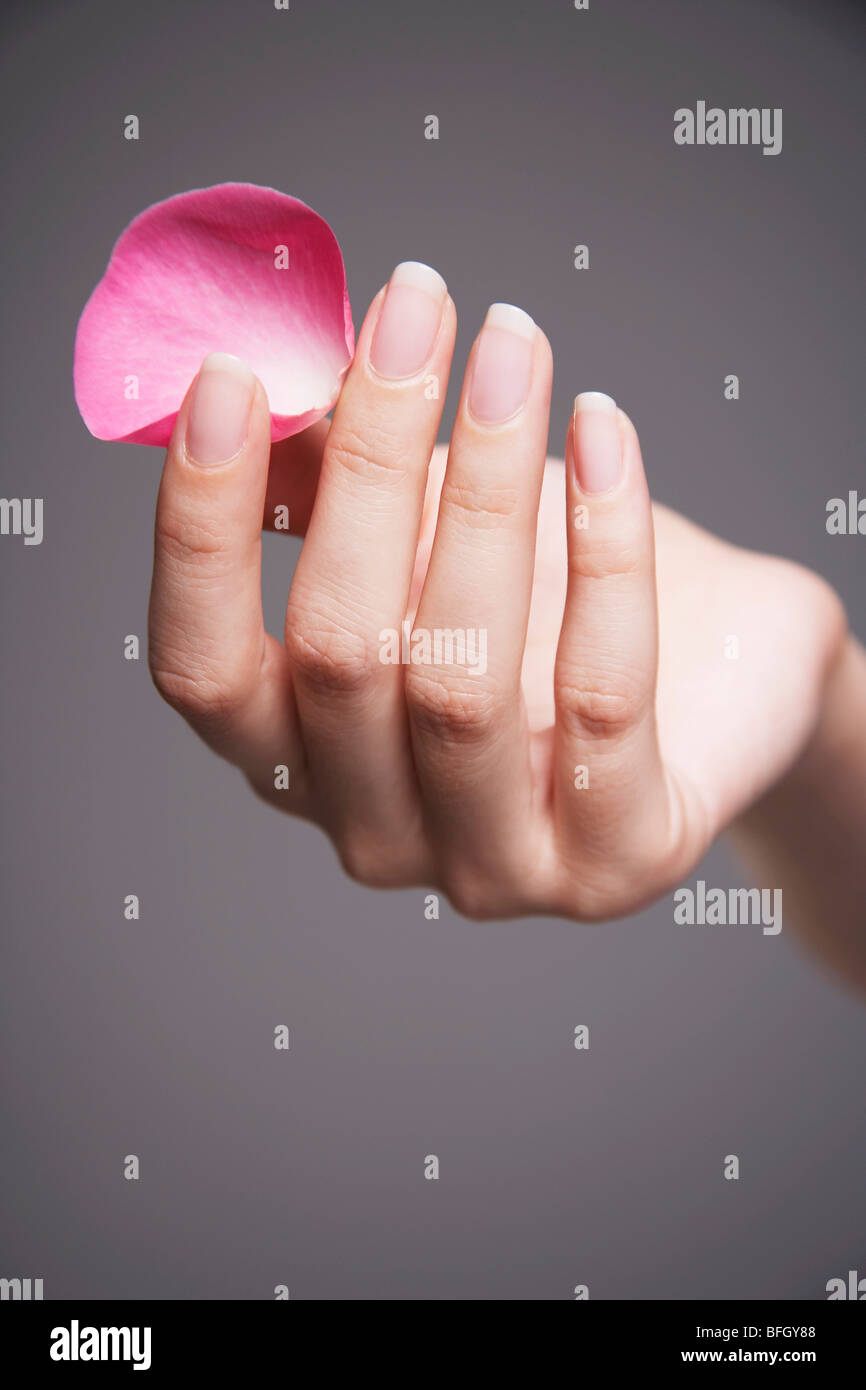Woman holding single rose petal between finger and thumb, close-up on hand Stock Photo - Alamy