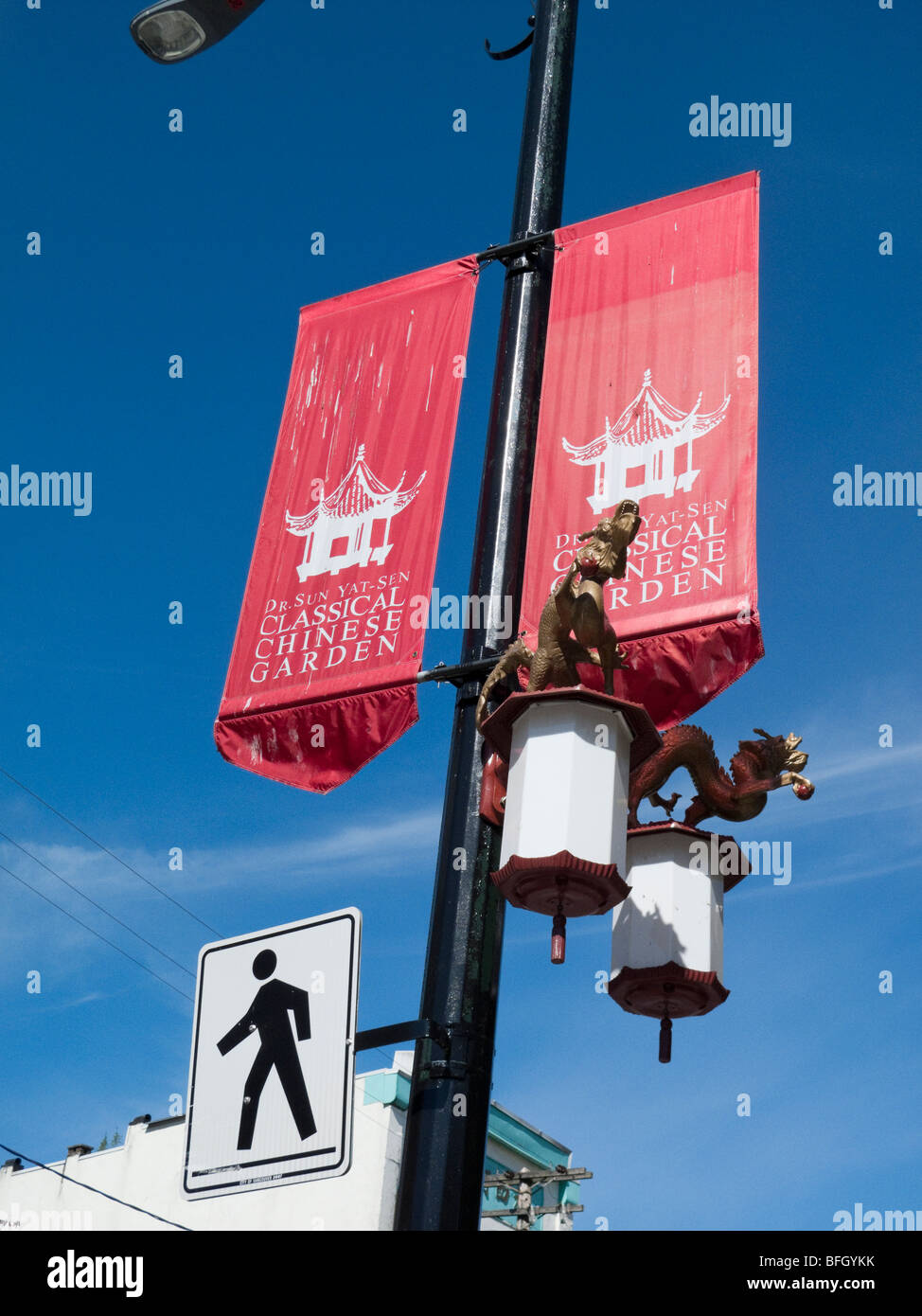 Lamp post with banners and Chinese Dragon Lights Chinatown Vancouver ...