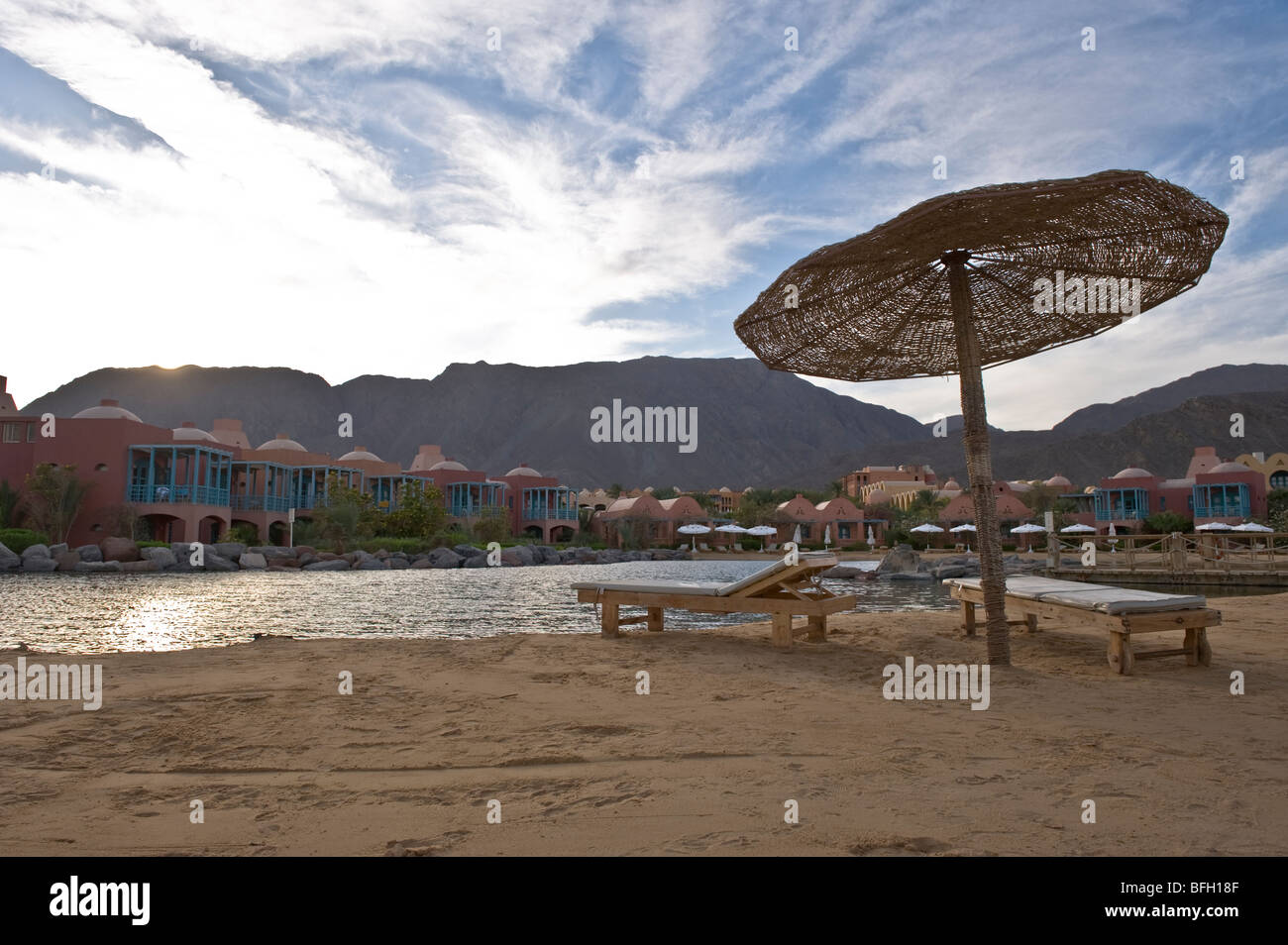 Taba resort, mountain in the back ground with sun chair in foreground ...