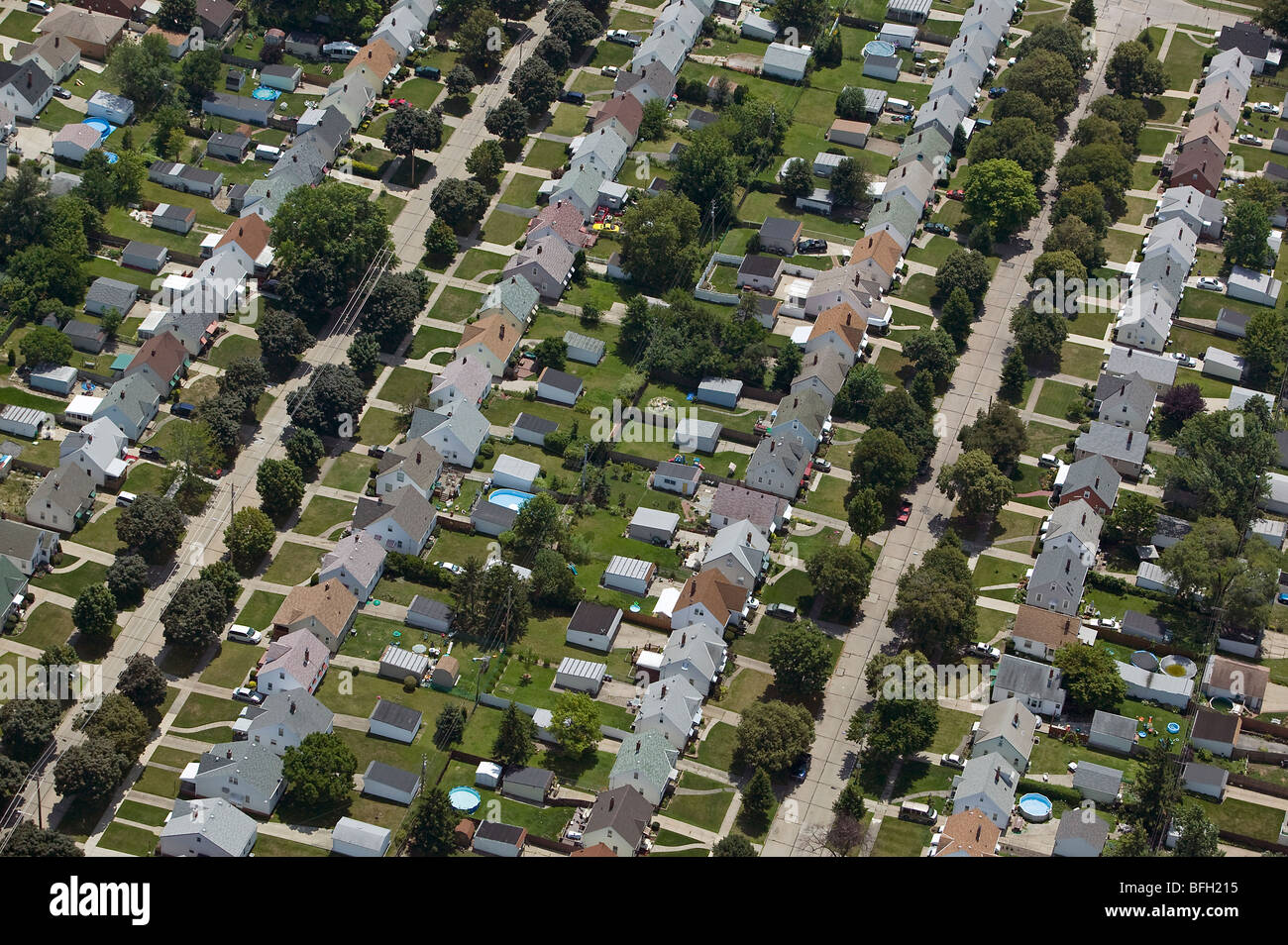 aerial view above residential subdivision west side Cleveland Ohio ...