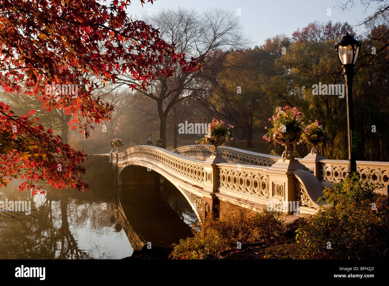 Central Park in late autumn in the early morning at the bow bridge ...