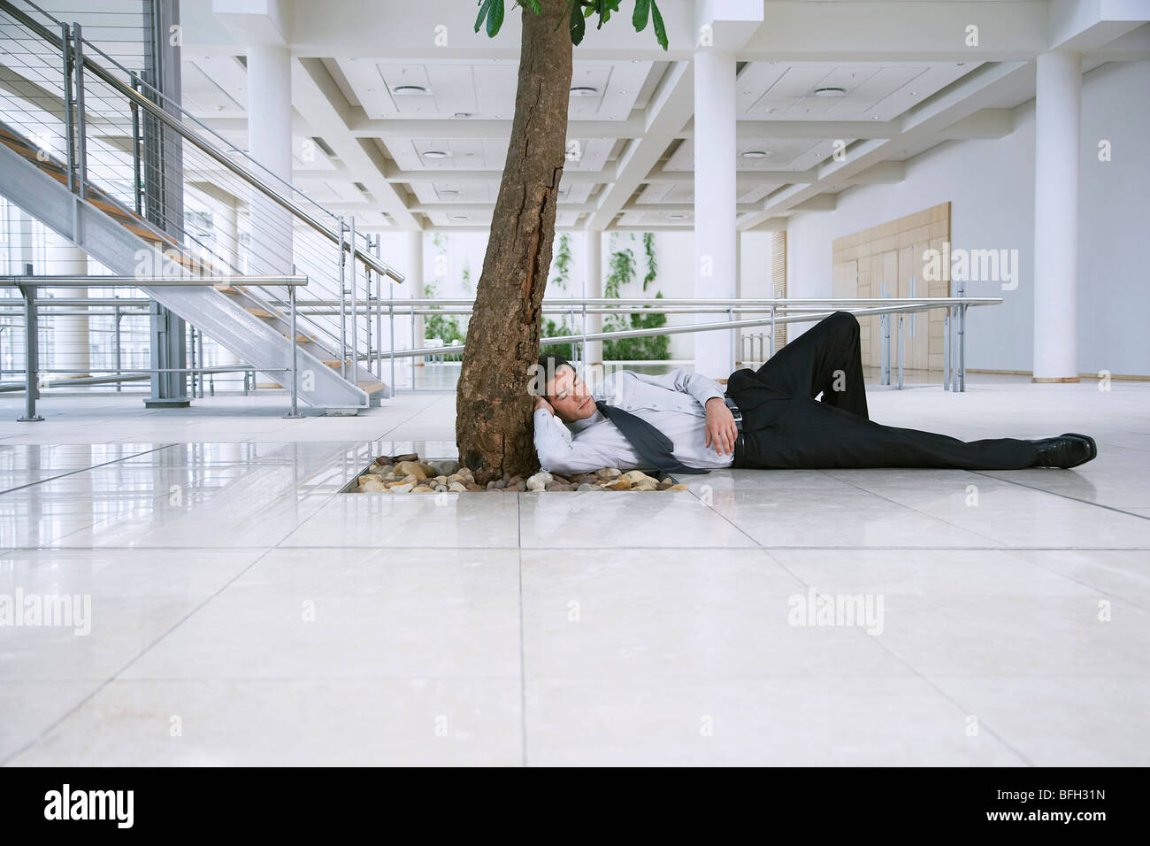 Businessman sleeping under tree outside office Stock Photo - Alamy