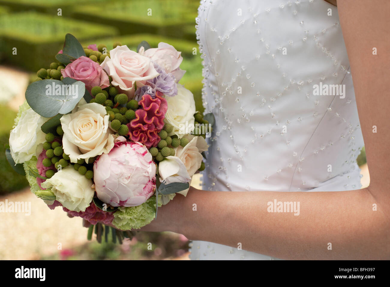 Mid adult woman, holding bouquet, mid section, side view, close-up ...