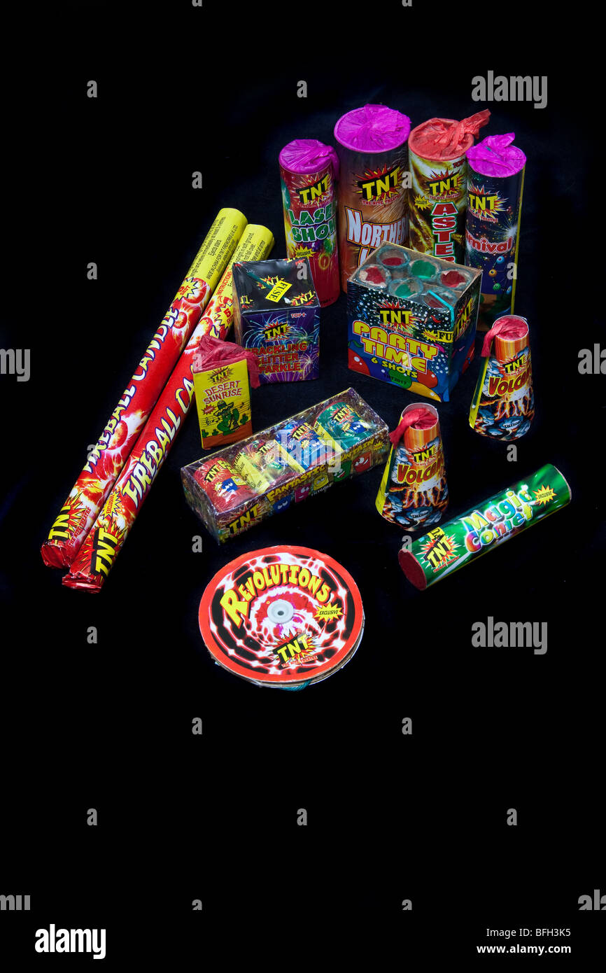 Garden fireworks selection on a black studio background Stock Photo - Alamy