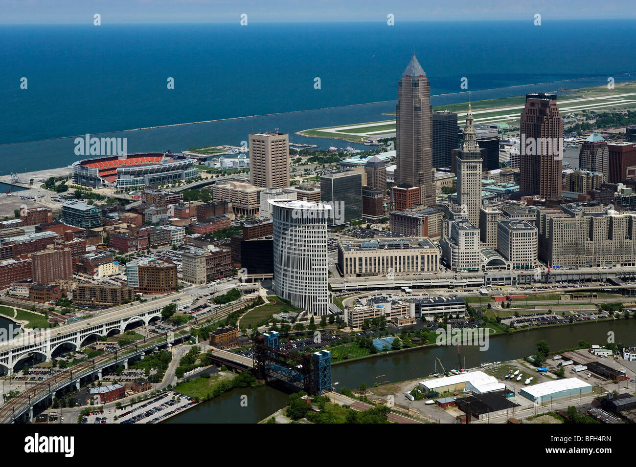 aerial view above downtown Cleveland Ohio Lake Erie stadium Burke ...