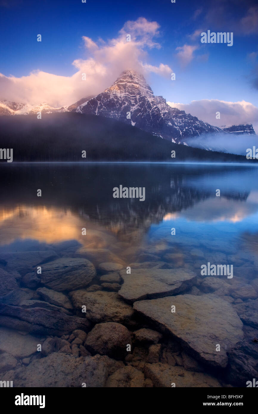 Mount Chephren is reflected in Water Fowl Lake along the Icefields ...