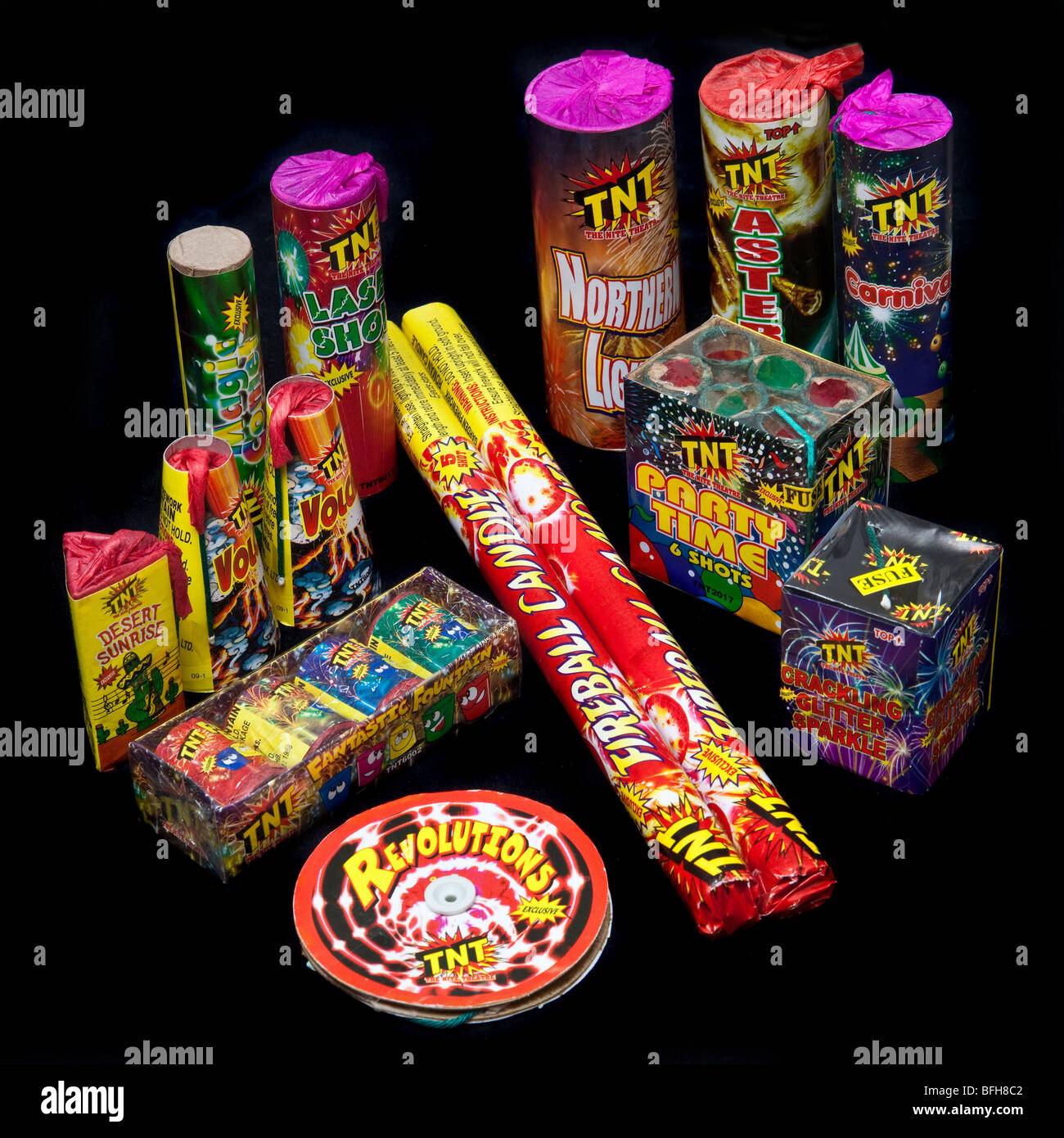 Garden fireworks selection on a black studio background Stock Photo - Alamy