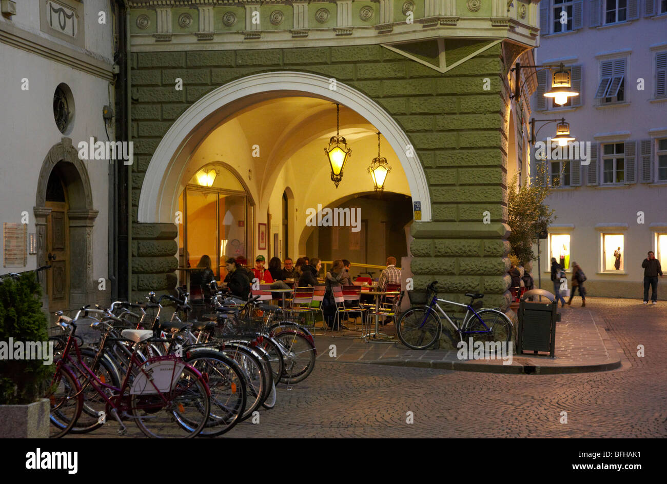 Bike racks by cafe in the historical centre of Bolzano, Alto Adige ...