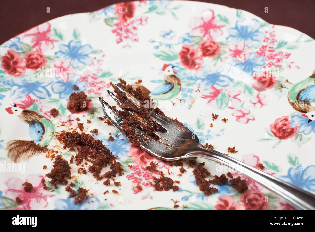 Fork and cake crumbs on plate, close-up Stock Photo - Alamy