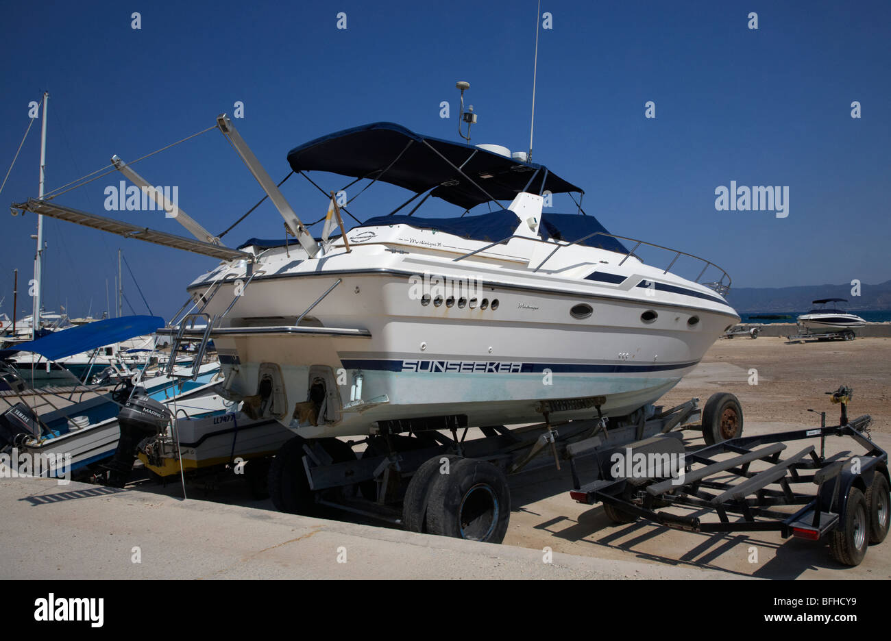 sunseeker motor cruiser yacht on trailer for servicing and maintenance ...